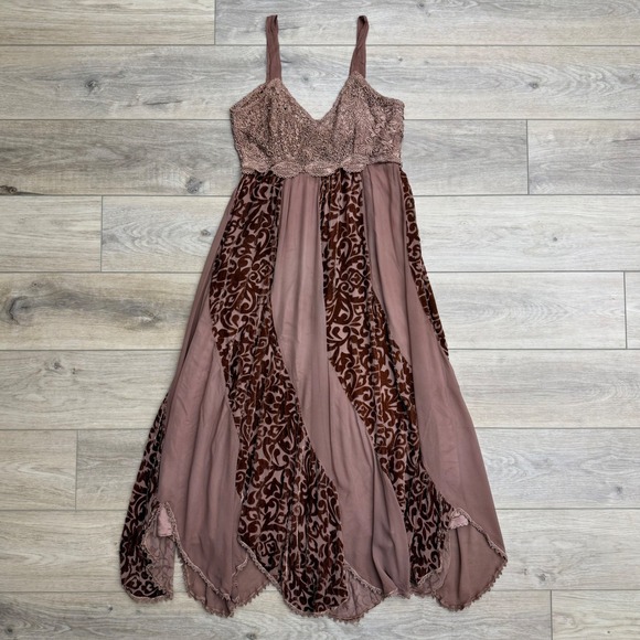 Dresses | Vintage Boho Fairycore Velvet Burnout Lace Trim Maxi Dress ...